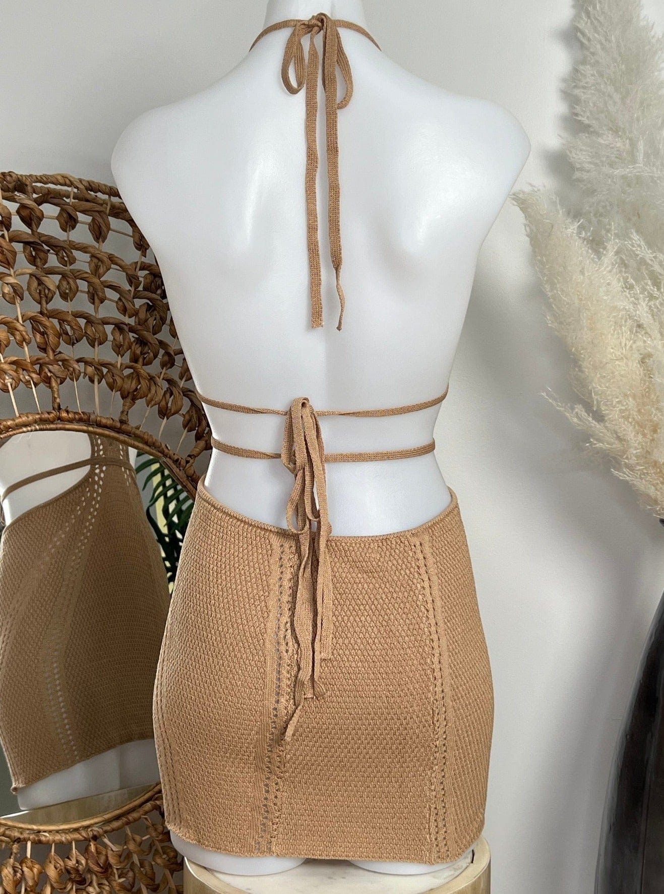2024 Sexy Berry Beachy Nude Tan Crochet Halter Neck Mini Dress