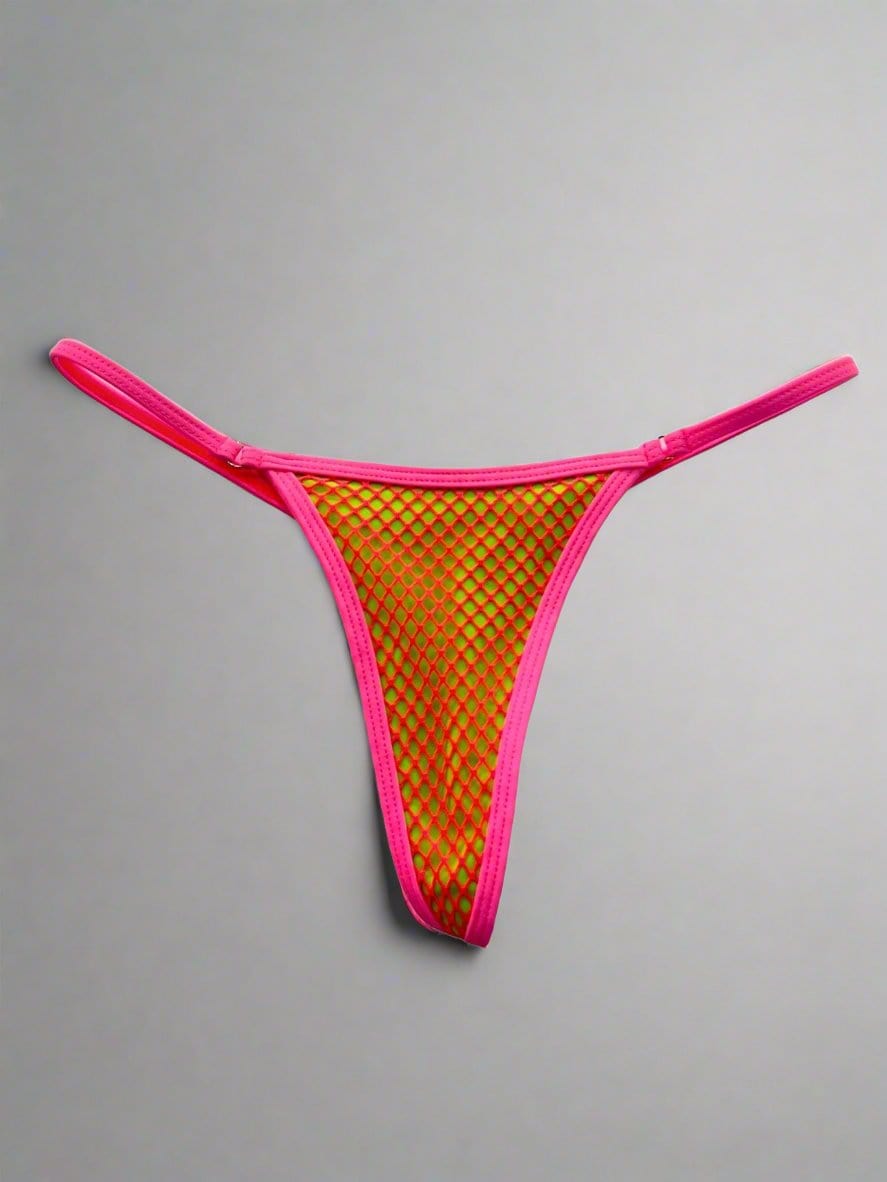 Kiwi Green Neon Pink Tulum Mesh Micro Top G-String Thong Bikini