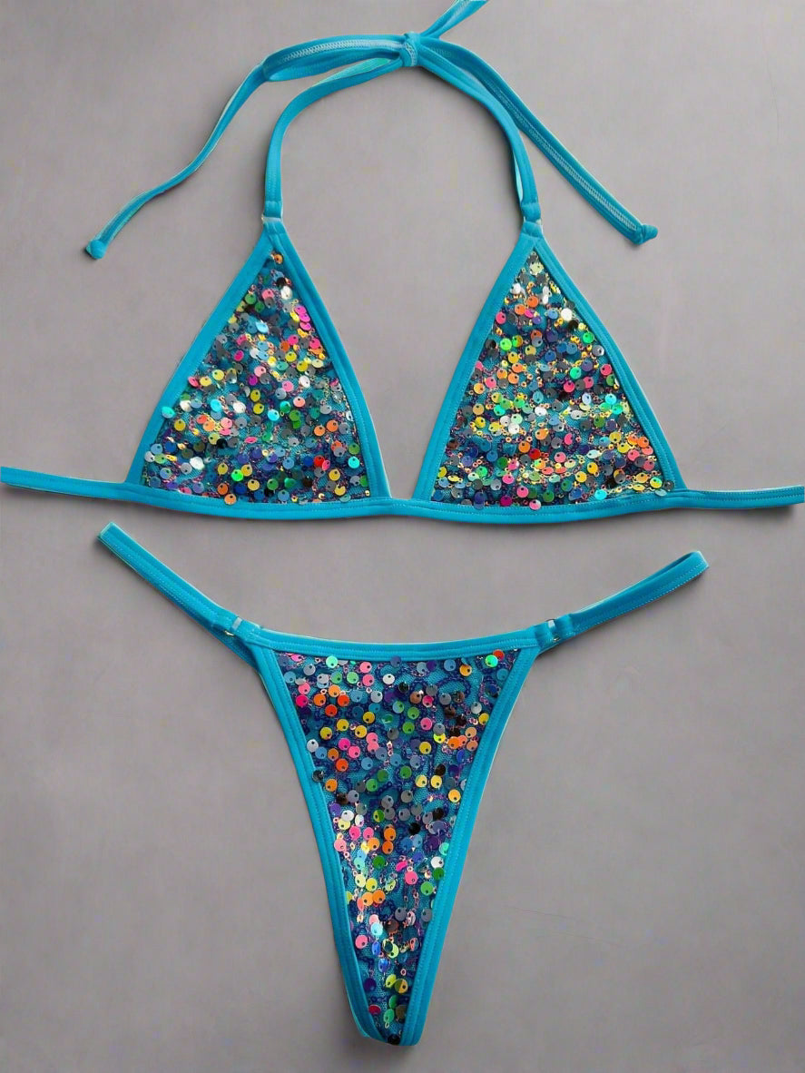 2025 Blue Sequin Sirena Micro Triangle Top Micro Thong Bikini